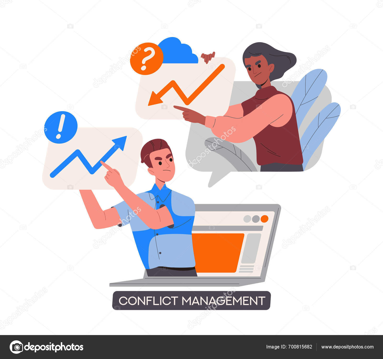 Online Team Meeting Workplace Conflict Man Woman Laptop Screen Graphs ...