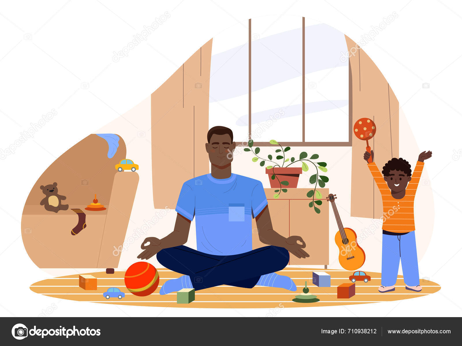 Calma Padre Casa Hombre Sentado Posición Loto Cerca Del Caos Vector de ...