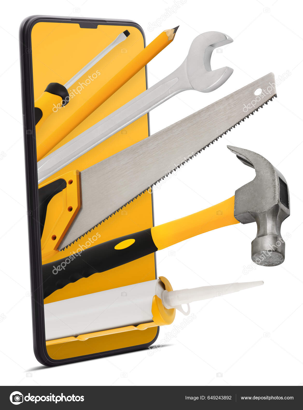 Construction Work Tools Smart Phone Isolated White Background Contact ...