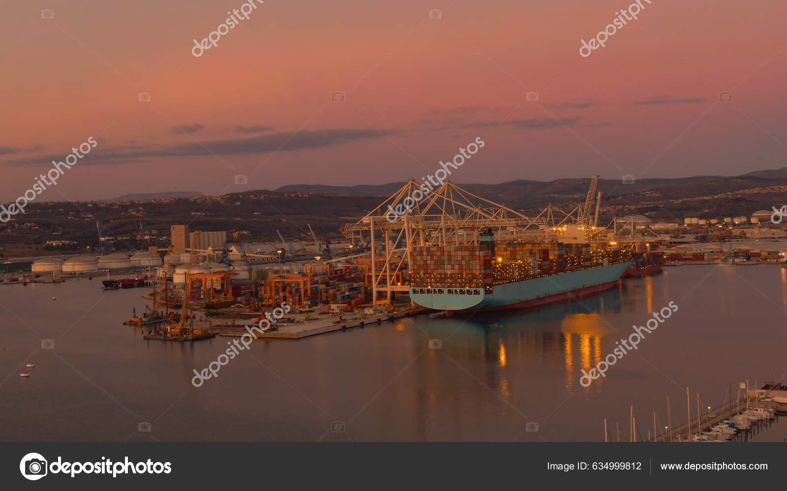 Aerial Flying Large Freight Ship Koper Harbor Getting Unloaded Dawn ...