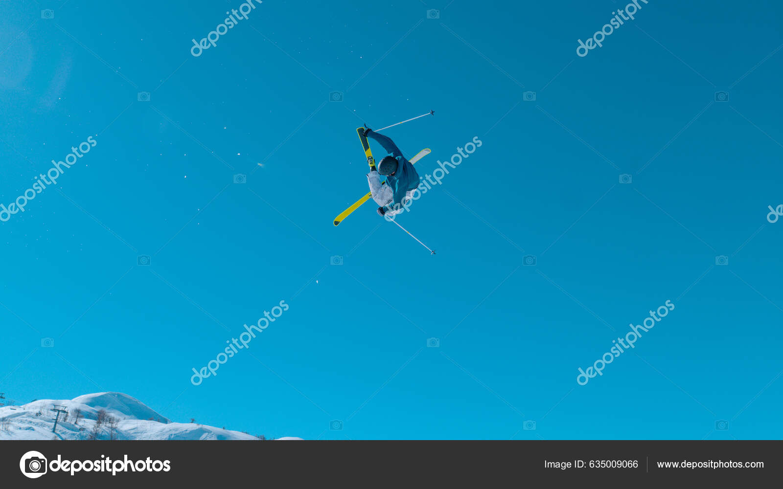 Freestyle Skier Flying Air Performing Grab Trick Young Athlete Jumping ...