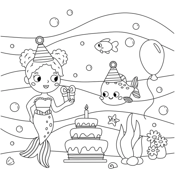 Coloring Page Mermaid Fish Crab Underwater Animals Birthday Party Cute ...