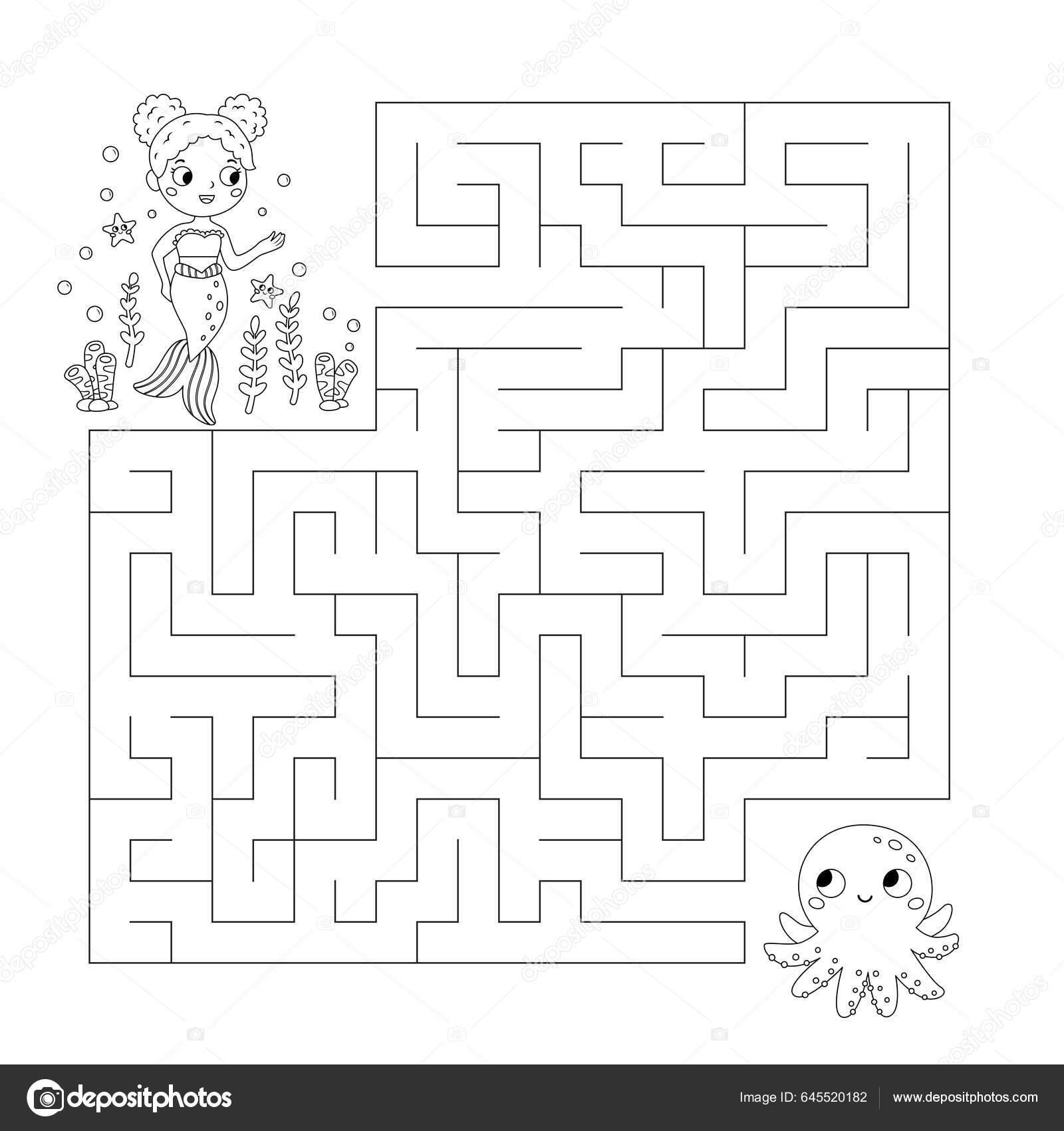Página Para Colorear Laberinto Juego Linda Sirena Dibujos Animados ...