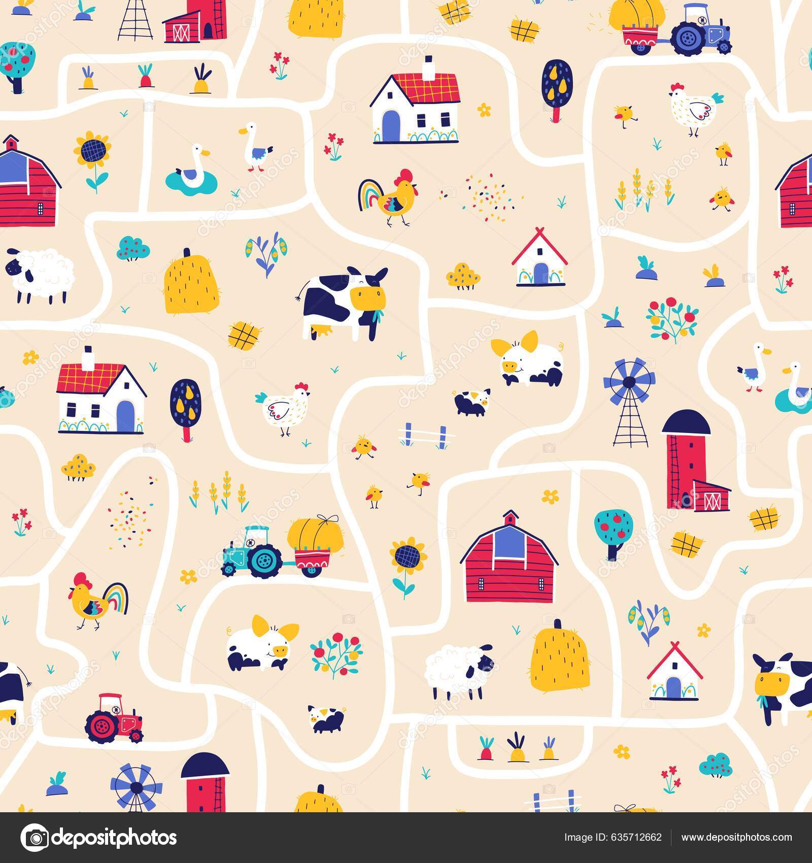 Farm Map Seamless Pattern Vector Hand Drawn Road Funny Characters Stock ...