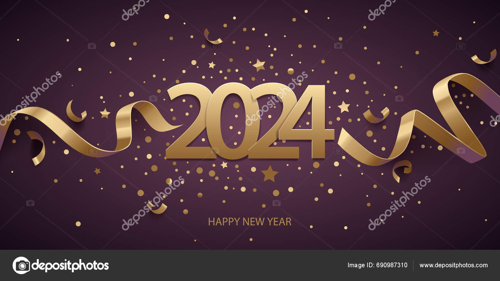 Selamat Tahun Baru 2024 Nomor Emas Dengan Pita Dan Confetti Vektor Stok oleh ©alexm83 690987310