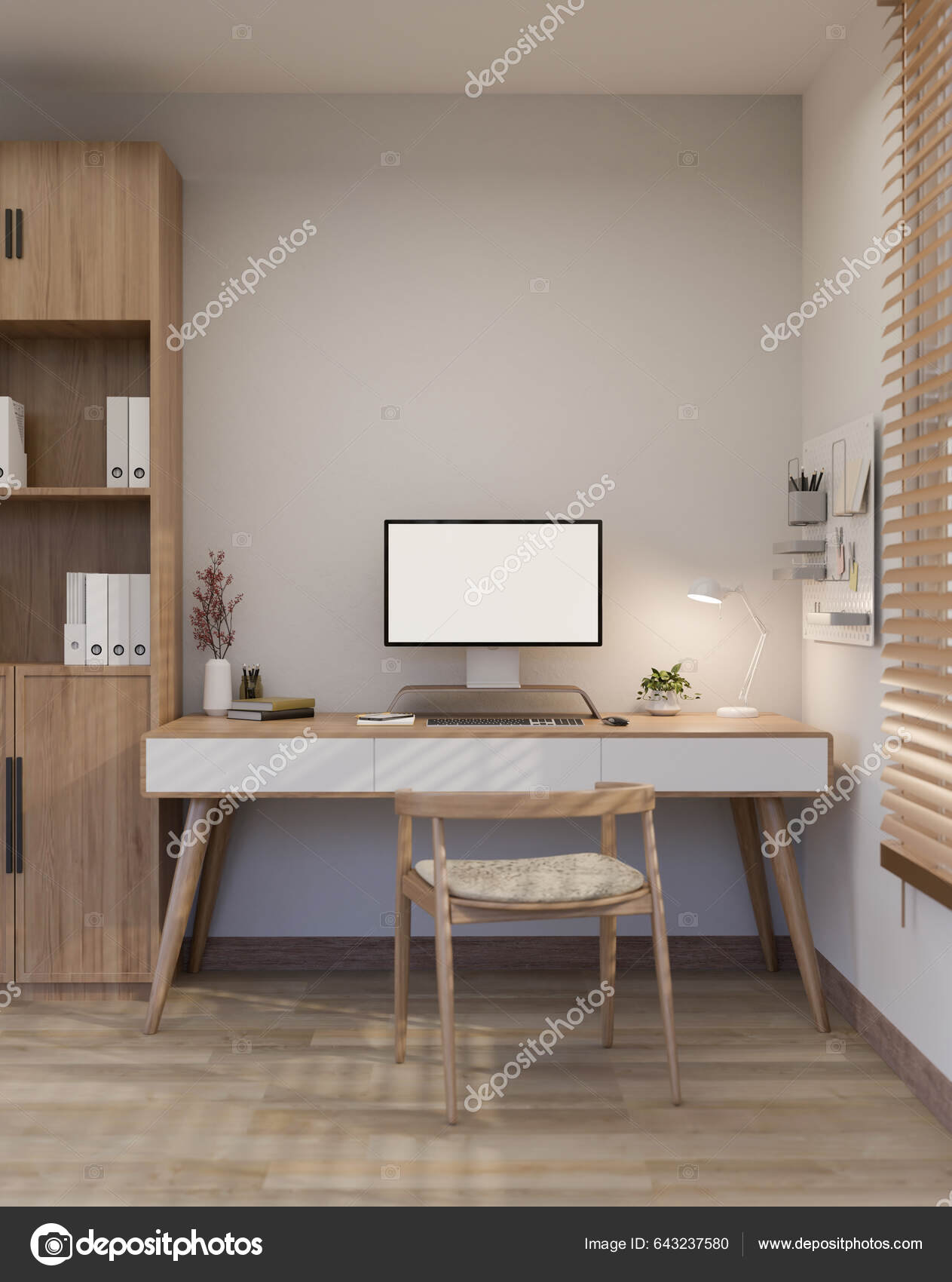 Minimalist Workspace Interior Design White Wood Style Computer Blank ...
