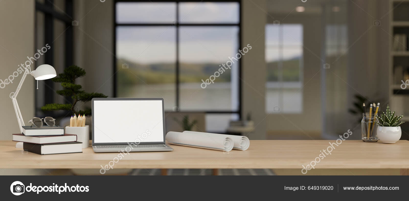 Close Workspace Laptop White Screen Mockup Book Stationery Table Lamp ...
