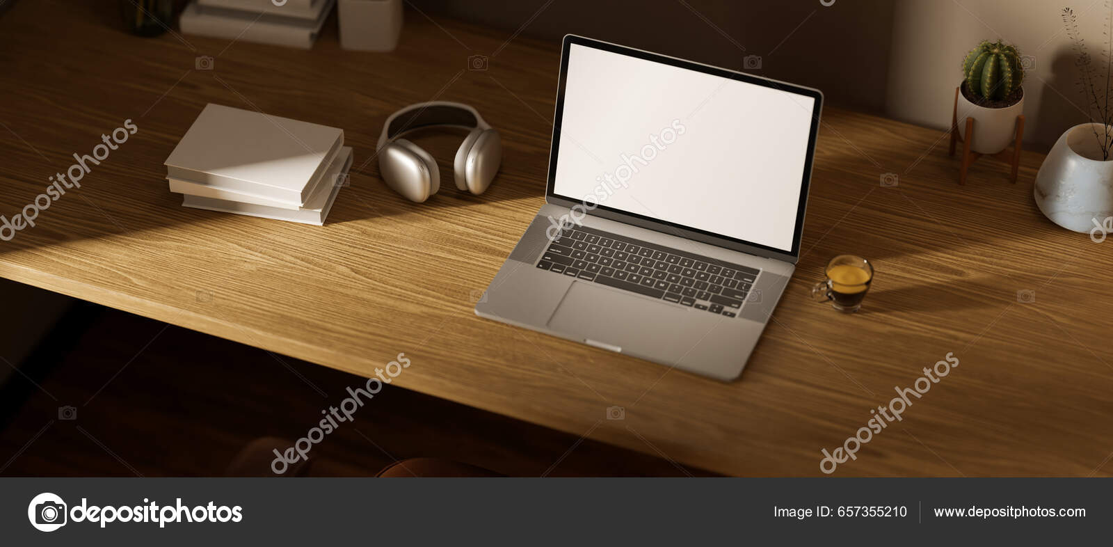 Close Image Workspace Laptop Computer White Screen Mockup Headphones ...