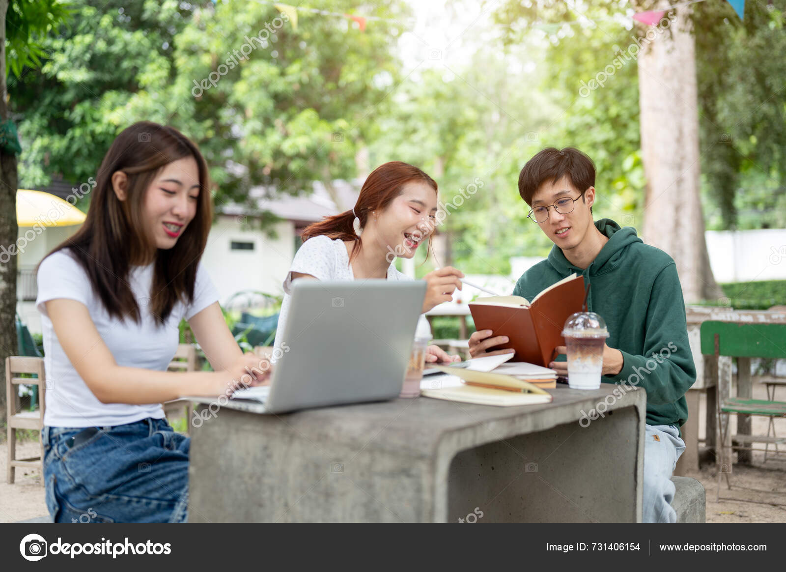 Group Positive Young Asian College Students Working Project Together ...