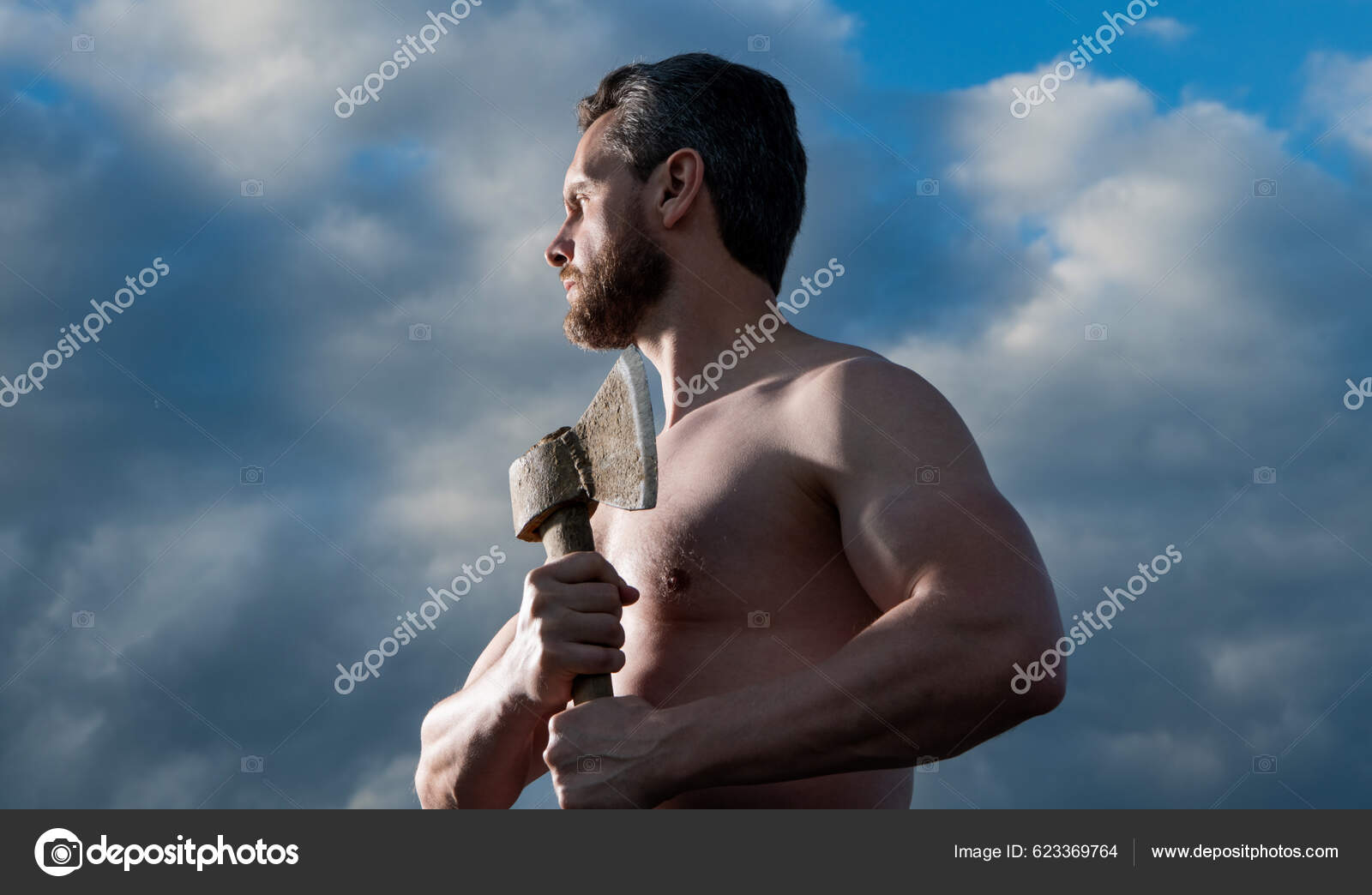 Shirtless Man Axe Lumberman Man Hold Brutal Man Sky Background Stock ...