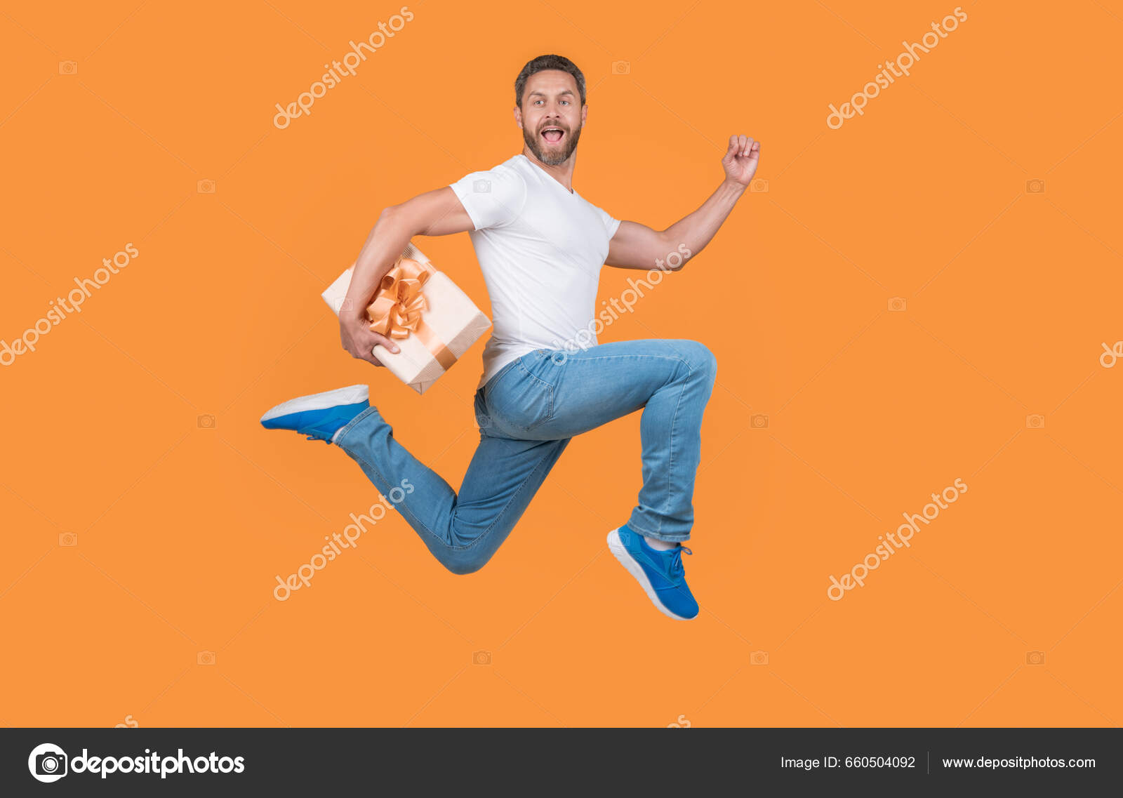 Gift Courier Midair Yellow Studio Background Energetic Guy Running Fast ...