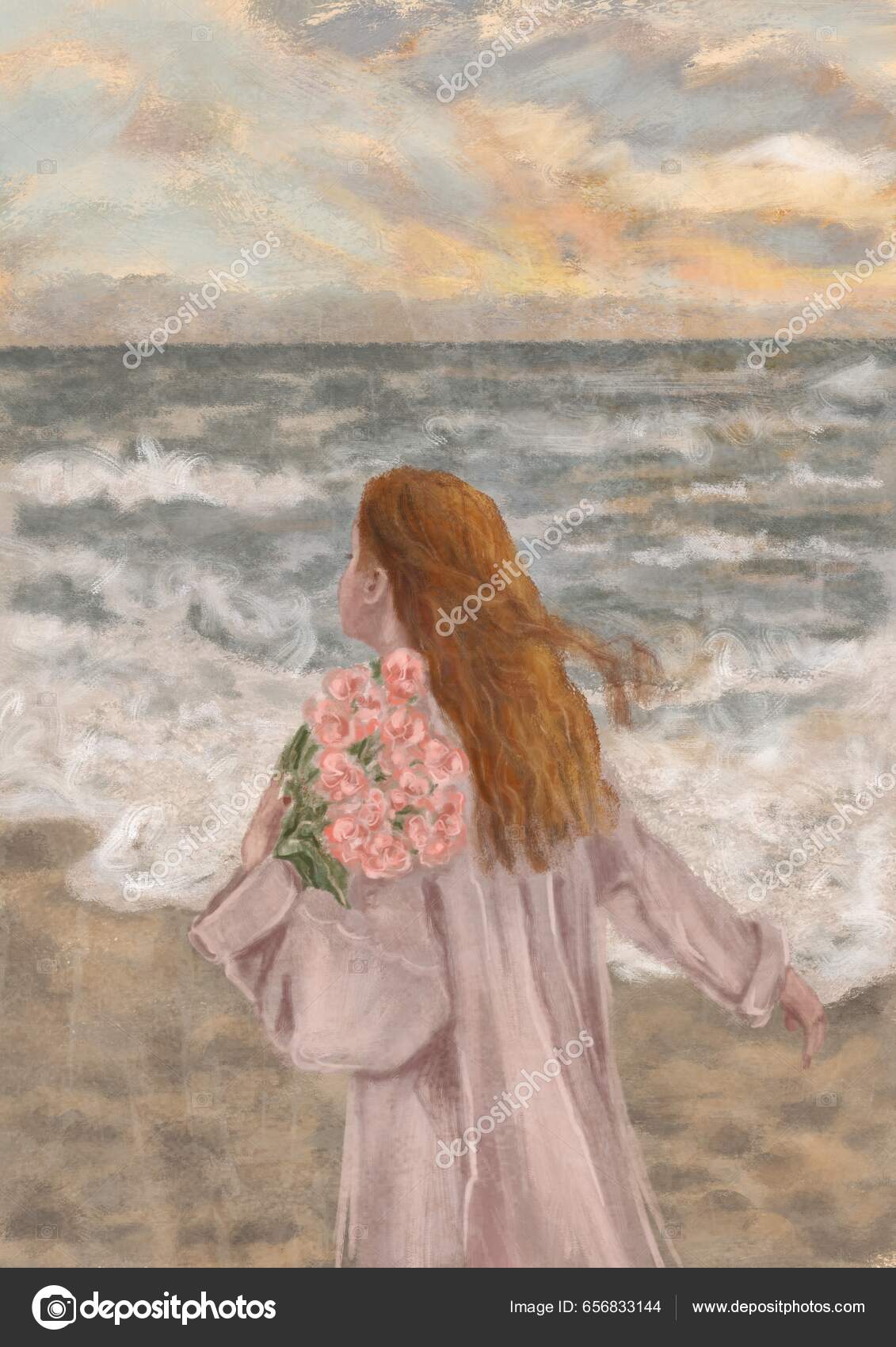 Woman Running Seashore Modern Boho Pink Sea Waves Art Print Stock ...