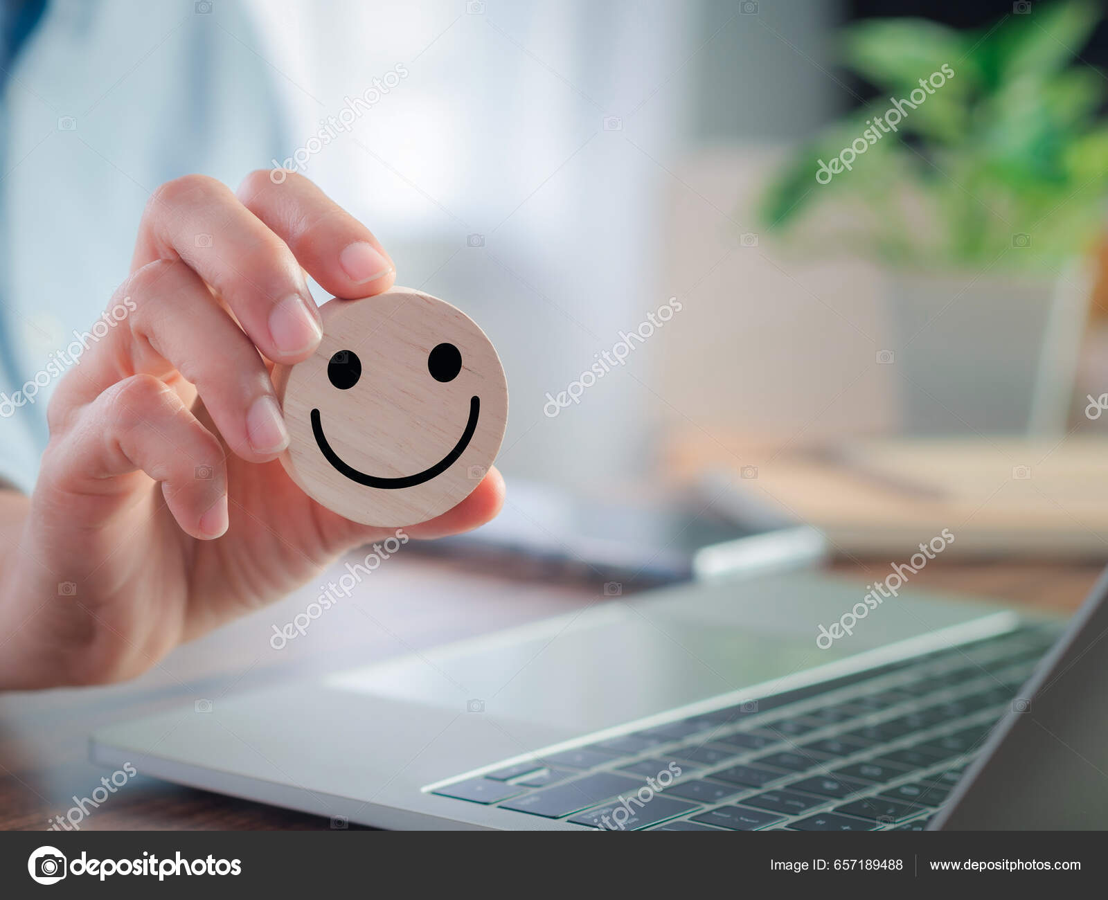 Hand Holding Circle Wooden Block Smiley Icon Customers Give Positive ...