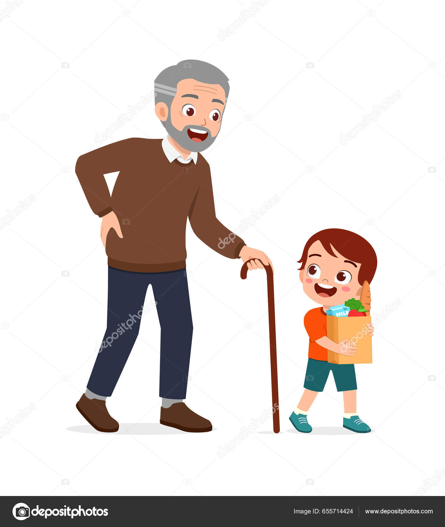 Pequeño Niño Ayudando Anciano Traer Comestibles Vector de stock por ...