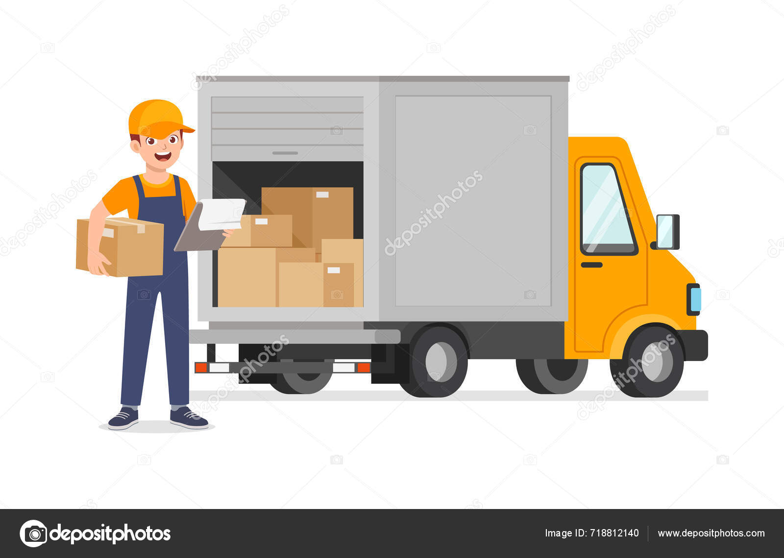 Young Delivery Man Holding Box Fill Truck Stock Vector by ...