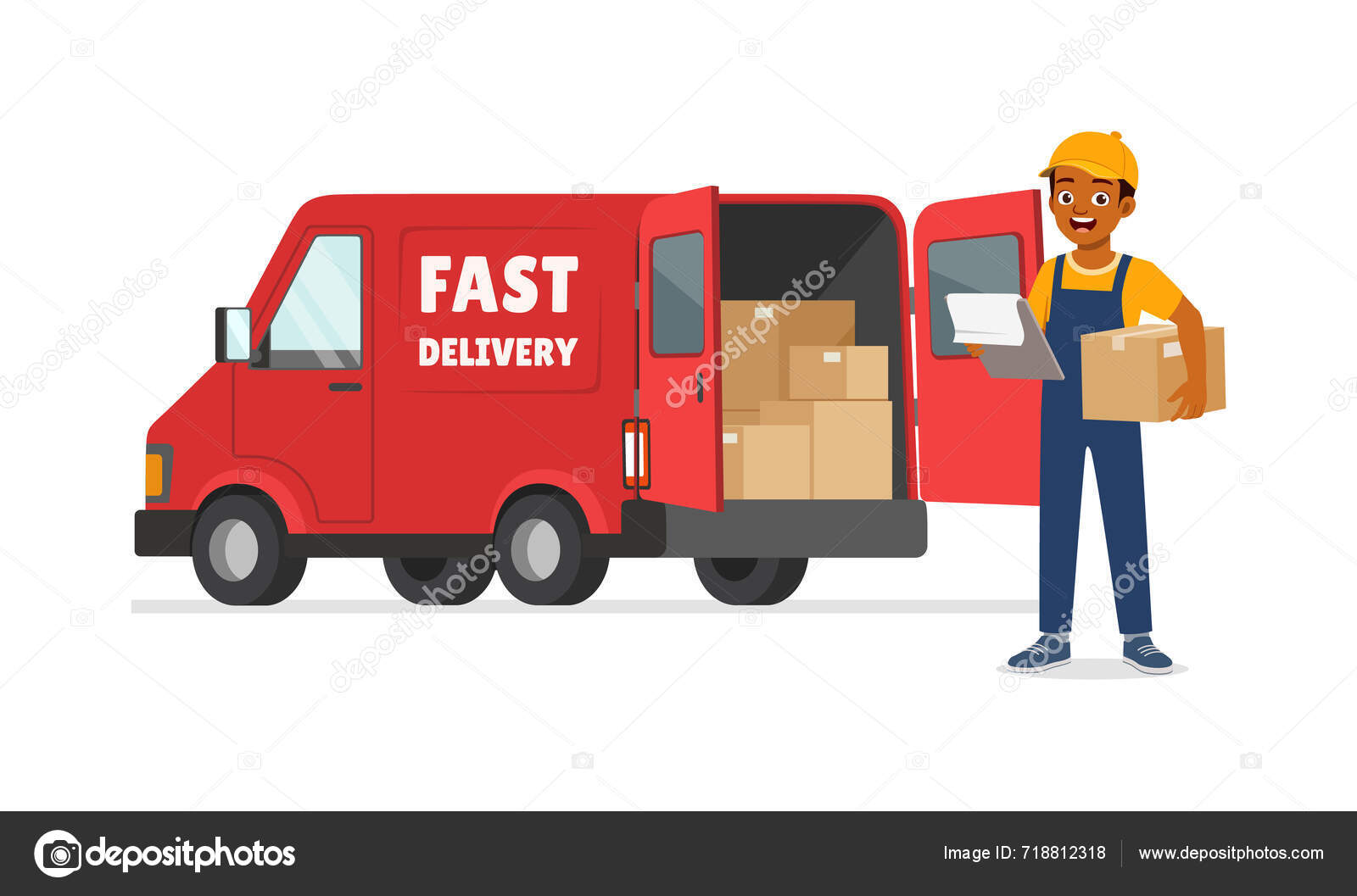 Young Delivery Man Holding Box Fill Truck Stock Vector by ...