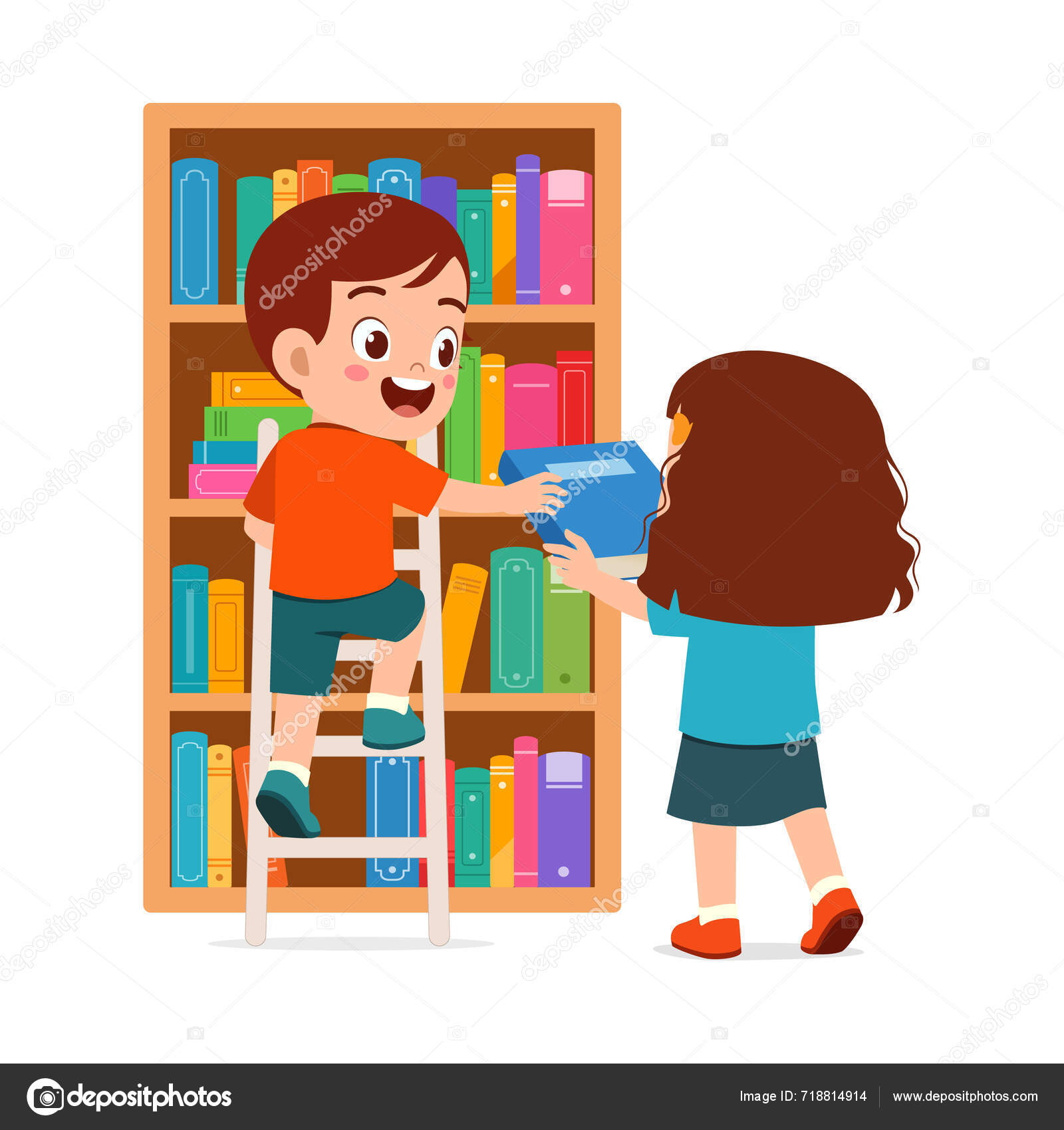 Little Kid Friend Take Book Bookshelf Using Ladder Stock Vector by ...