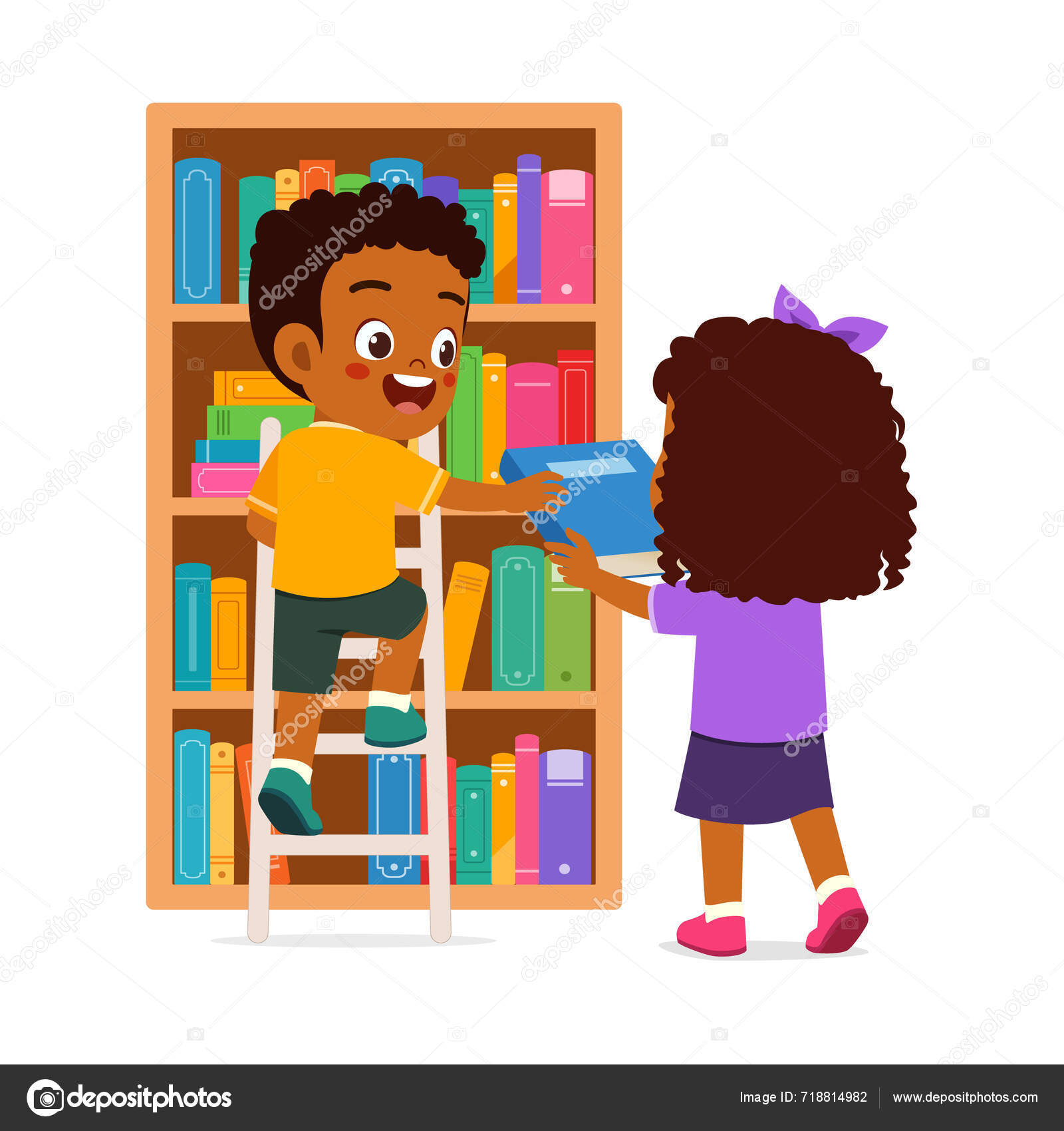 Pequena Criança Amigo Tomar Livro Estante Usando Escada Vetor de stock ...