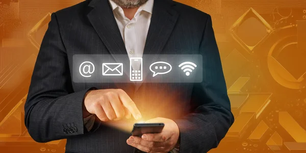 Concept of contact us. businessman using digital device to get online ...