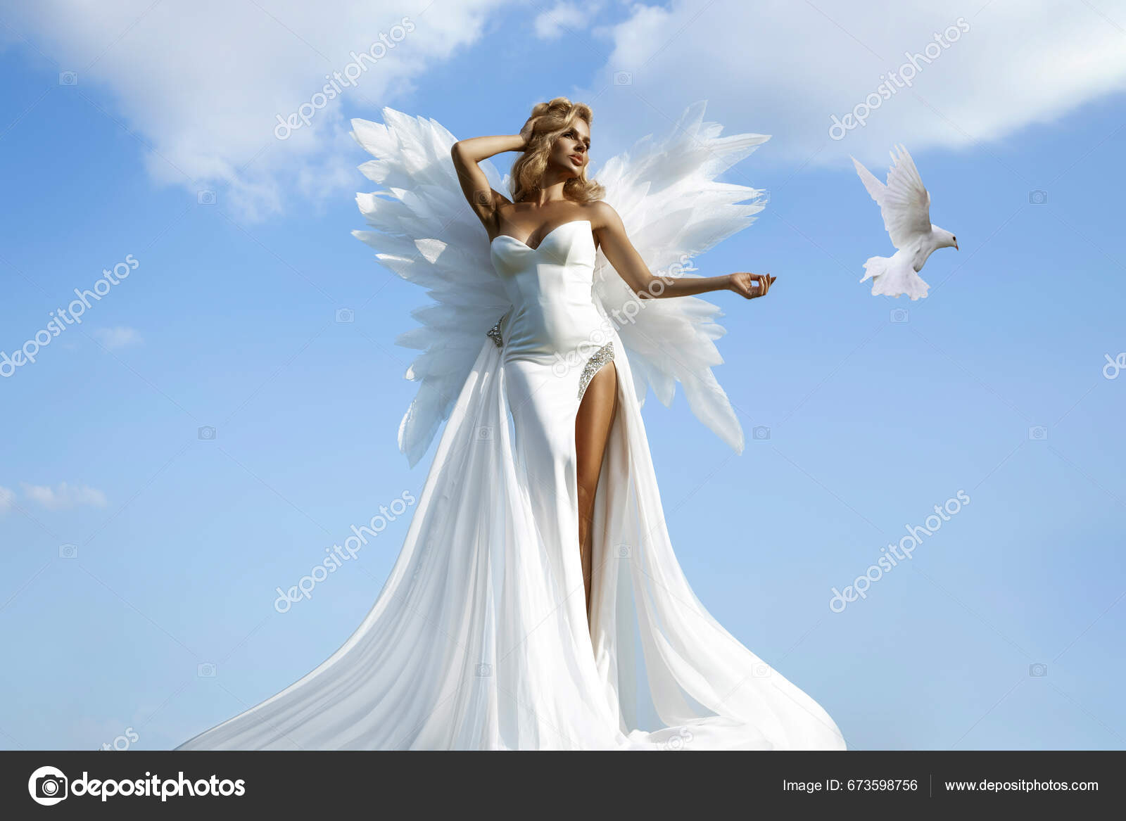 Beautiful Sexy Blonde Woman White Long Elegant Dress Angel Wings Stock