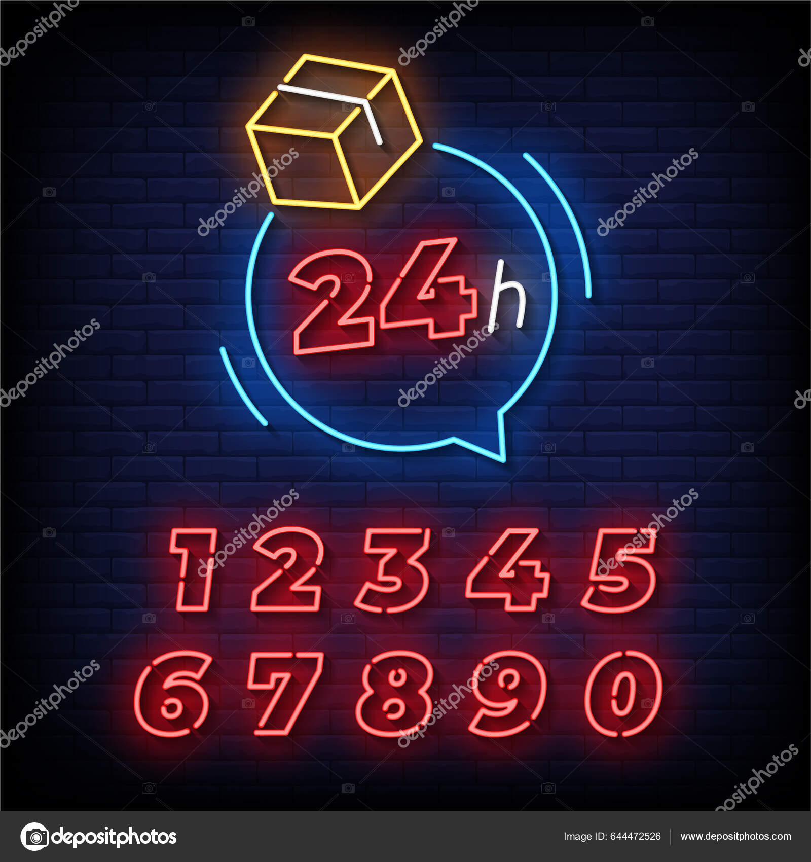 24H Neon Sign Brick Wall Background Vector Illustration Stock Vector by ...