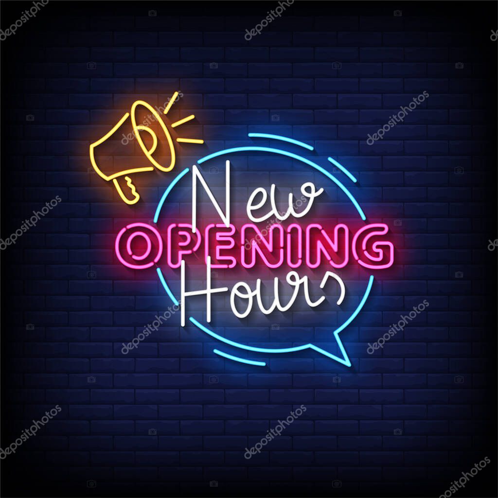 nuevas horas de apertura letrero de neón con fondo de pared de ladrillo ...