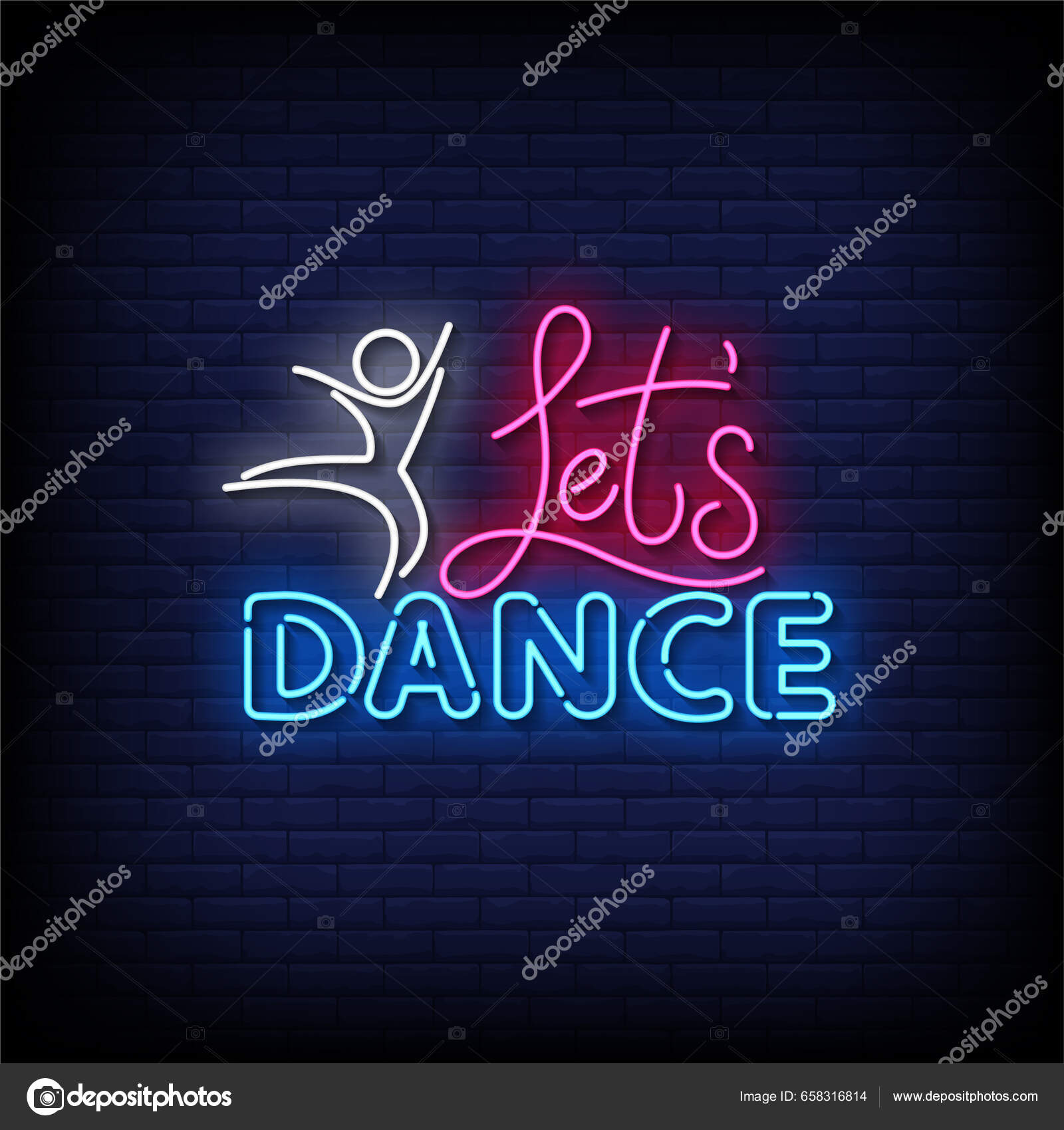 Neon Sign Lets Dance Brick Wall Background Vector Stock Vector by ...