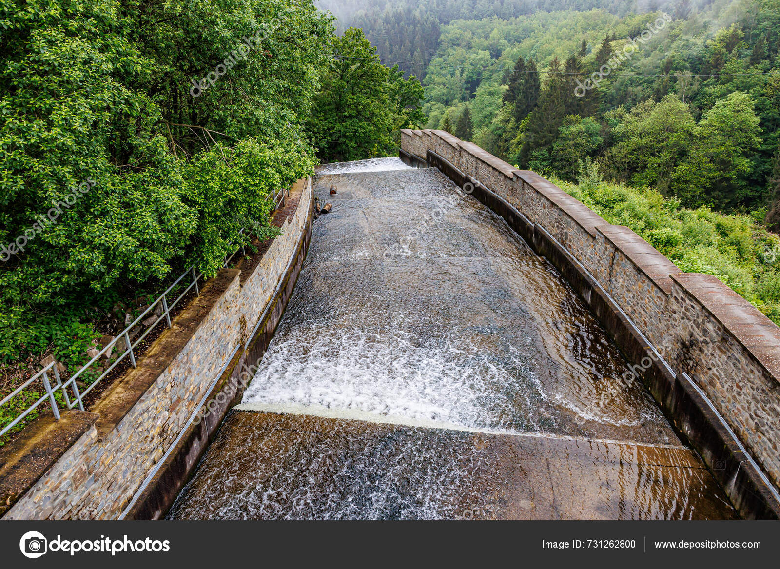 Stepped Auxiliary Spillway Water Flowing Robertville Dam Warche River ...