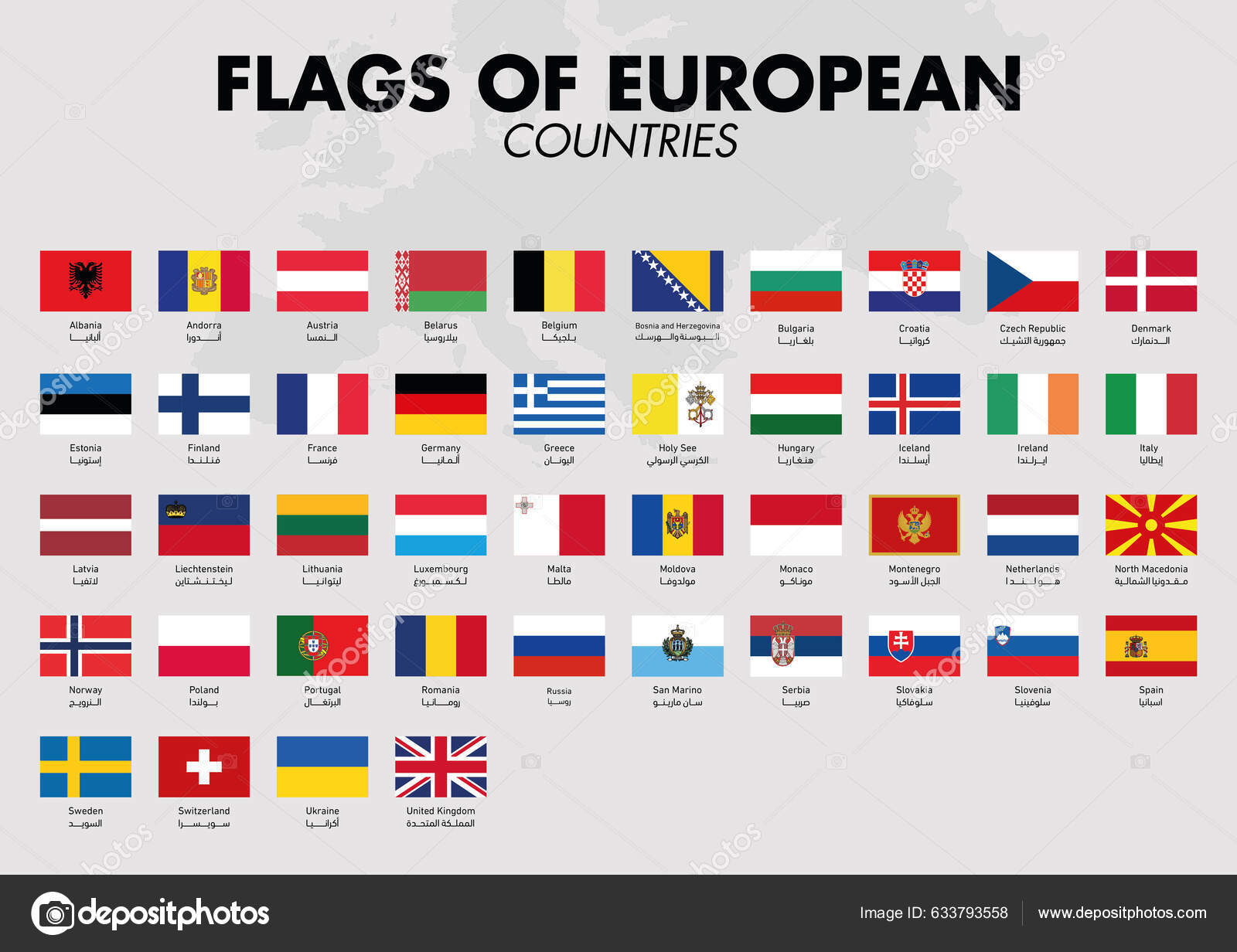 Europæiske Lande Flag Med Landnavne Kort Grå Baggrund ...