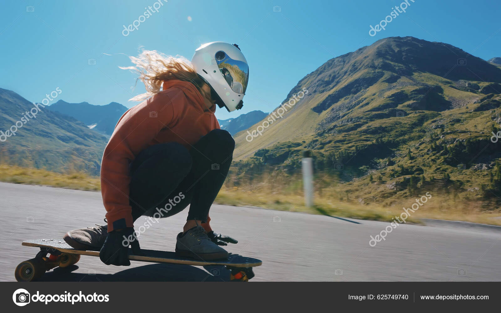 Cinematic Downhill Longboard Session Young Woman Skateboarding Making ...