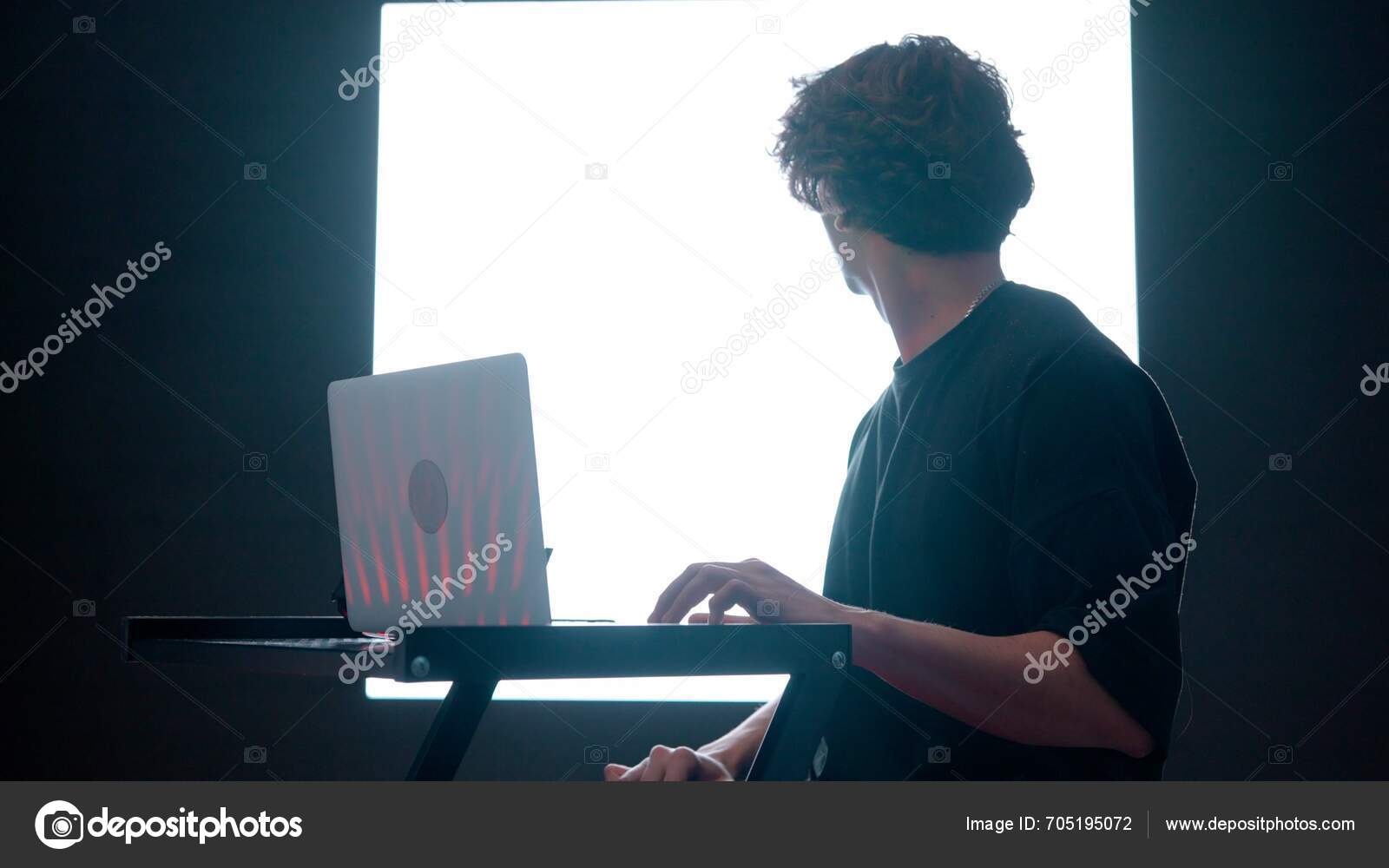 Digital Visual Technology Concept Young Male Working Laptop Digital ...