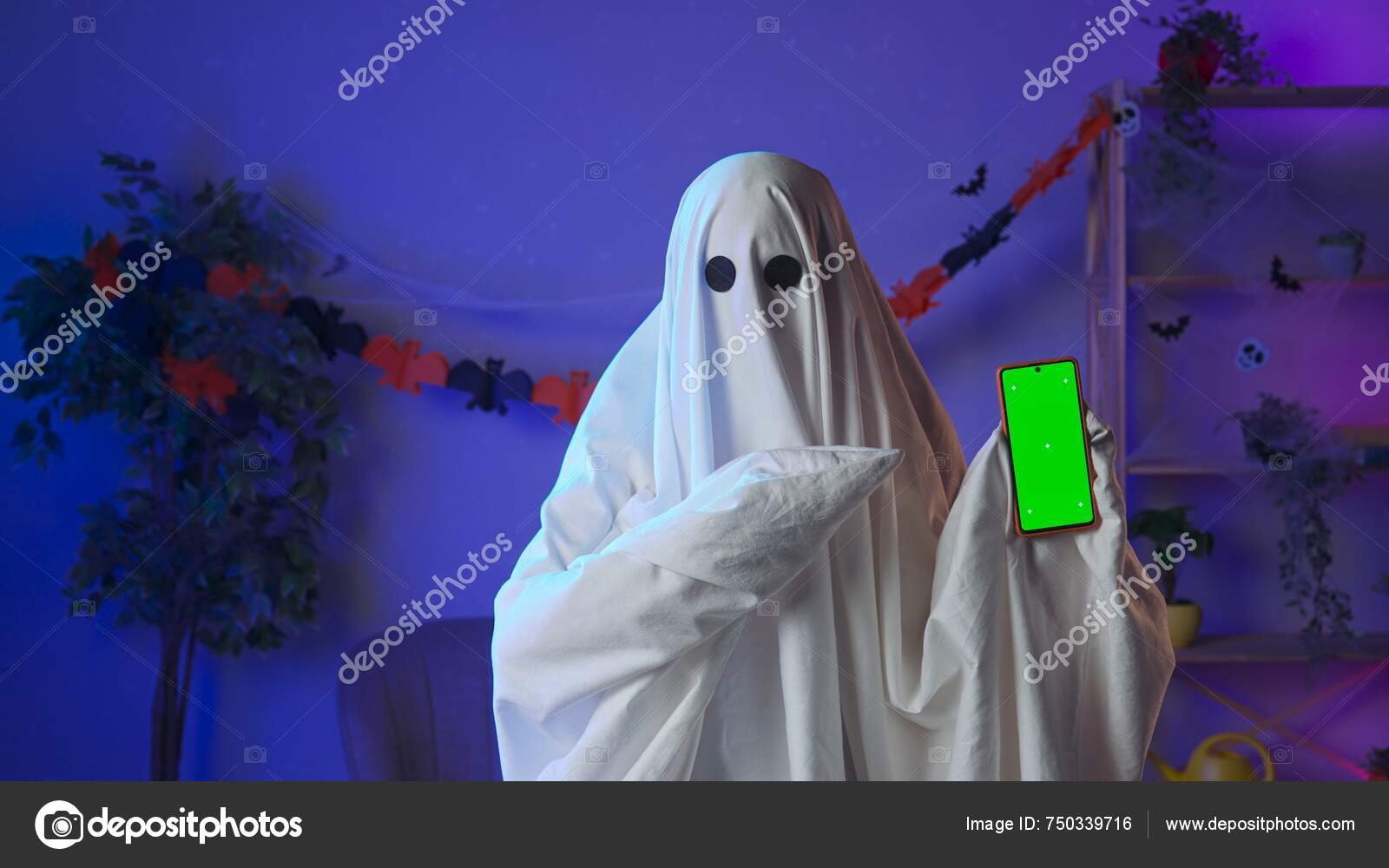 Person Dressed Ghost Posing Camera Funny Halloween Ghost White Sheet ...