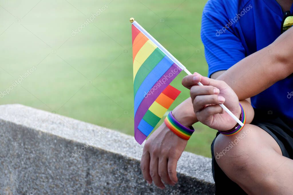 Bandera de arco iris sosteniendo en la mano que tiene pulsera de arco ...