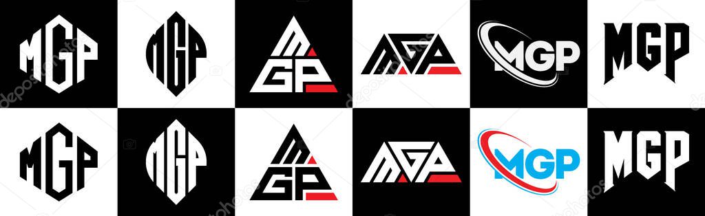 Diseño del logotipo de la letra MGP en seis estilos. MGP polígono ...