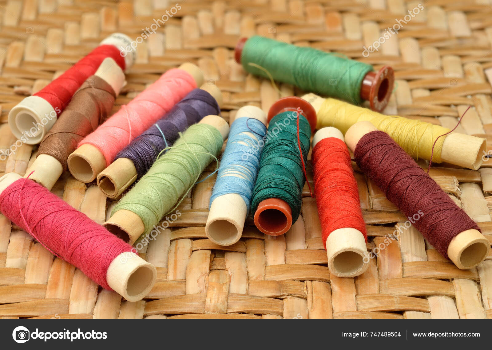Several Spools Threads Different Colors Lying Rattan Tabletop — Stock ...