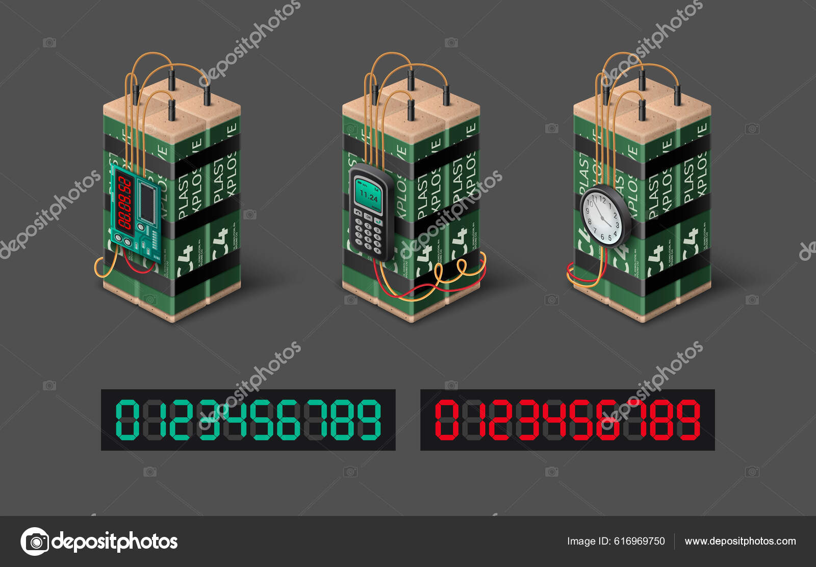 Plastic Explosive Bomb Timer Realistic Set Isolated Grey Background ...