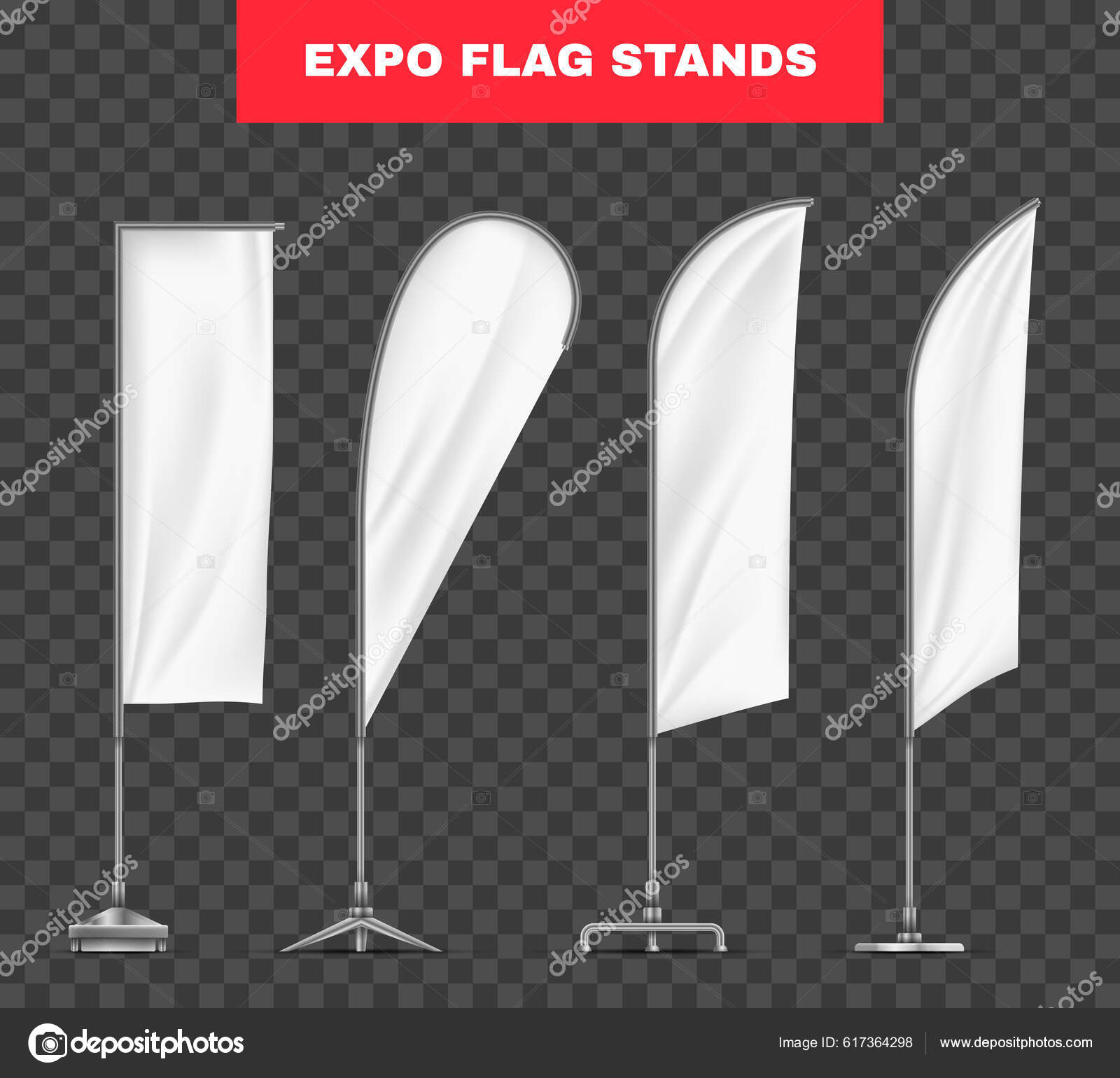 Blank White Expo Flags Different Shapes Metal Stands Realistic Set ...