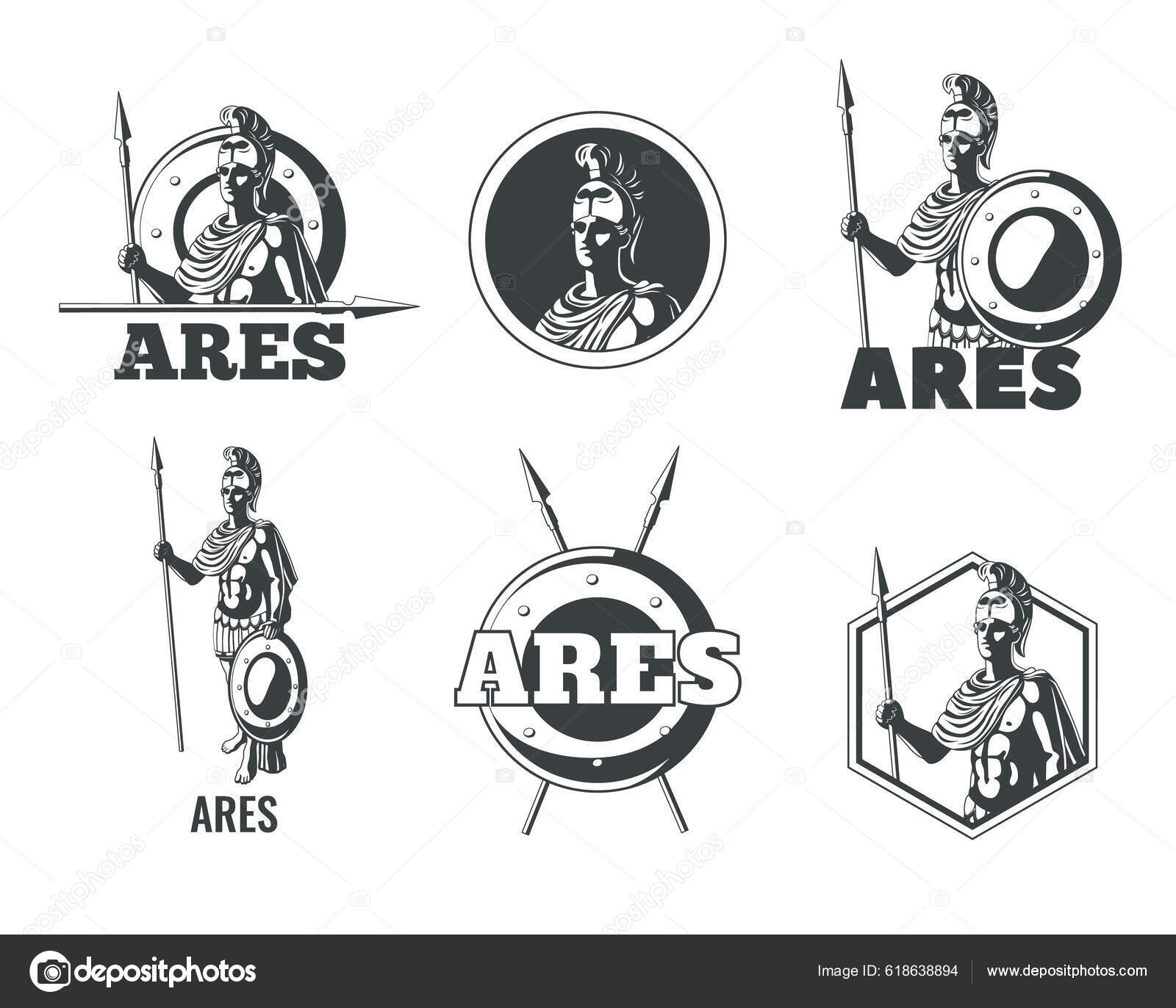 Set Lambang Hitam Dan Putih Dengan Yunani Dewa Olimpiade Ares Vektor ...