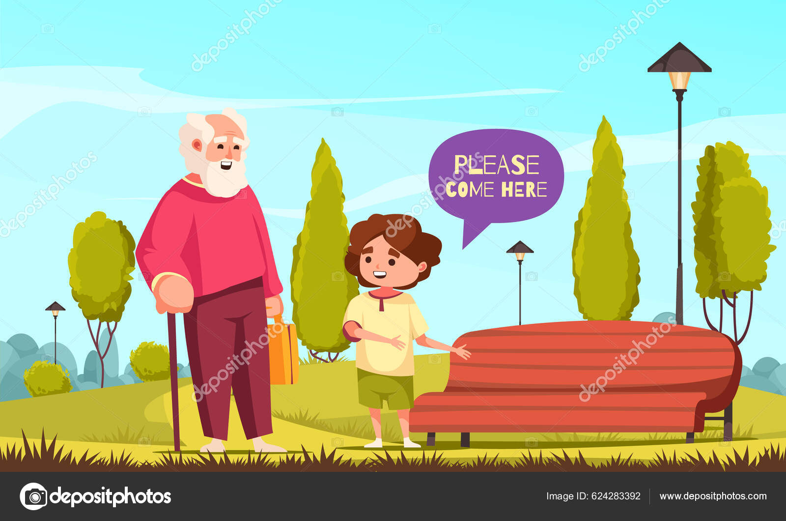 Well Behaved Children Cartoon Poster Kid Offering Help Old Person Stock ...