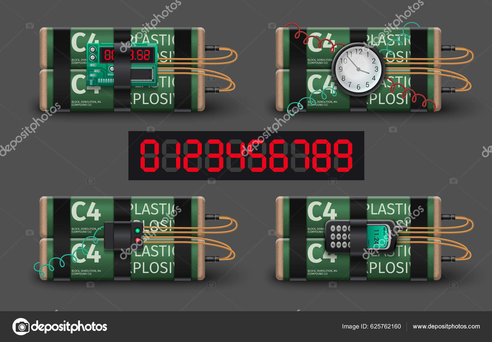 Realistic Set Plastic Explosive Bombs Digital Clock Timers Isolated ...