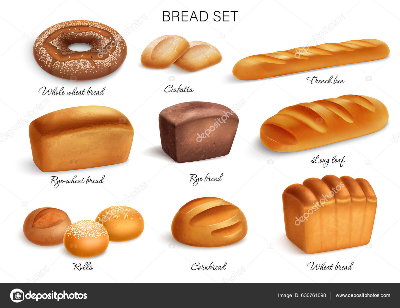 Realistic Bread Icon Set Whole Wheat Rye Rye Wheat Breads Stock Vector ...