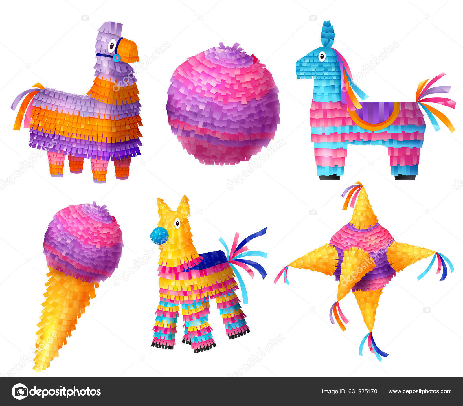 Realistic Mexican Pinatas Different Shapes Icons Set Isolated Vector ...