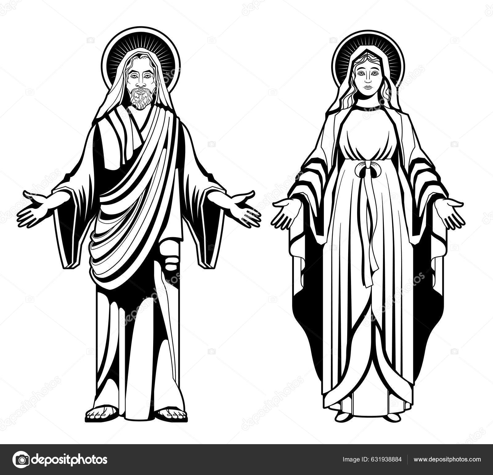 Jesus Virgin Mary Drawing Set Two Isolated Images Outline Looks Stock ...