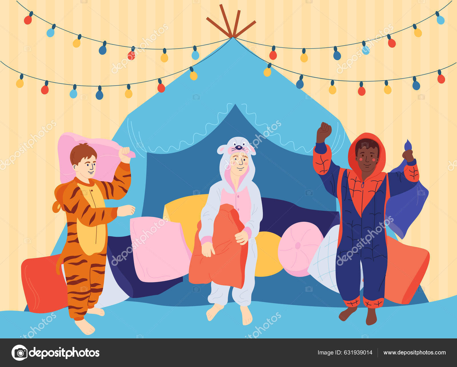 Pyjama Party Flat Concept Kids Costumes Animals Superheroes Vector ...