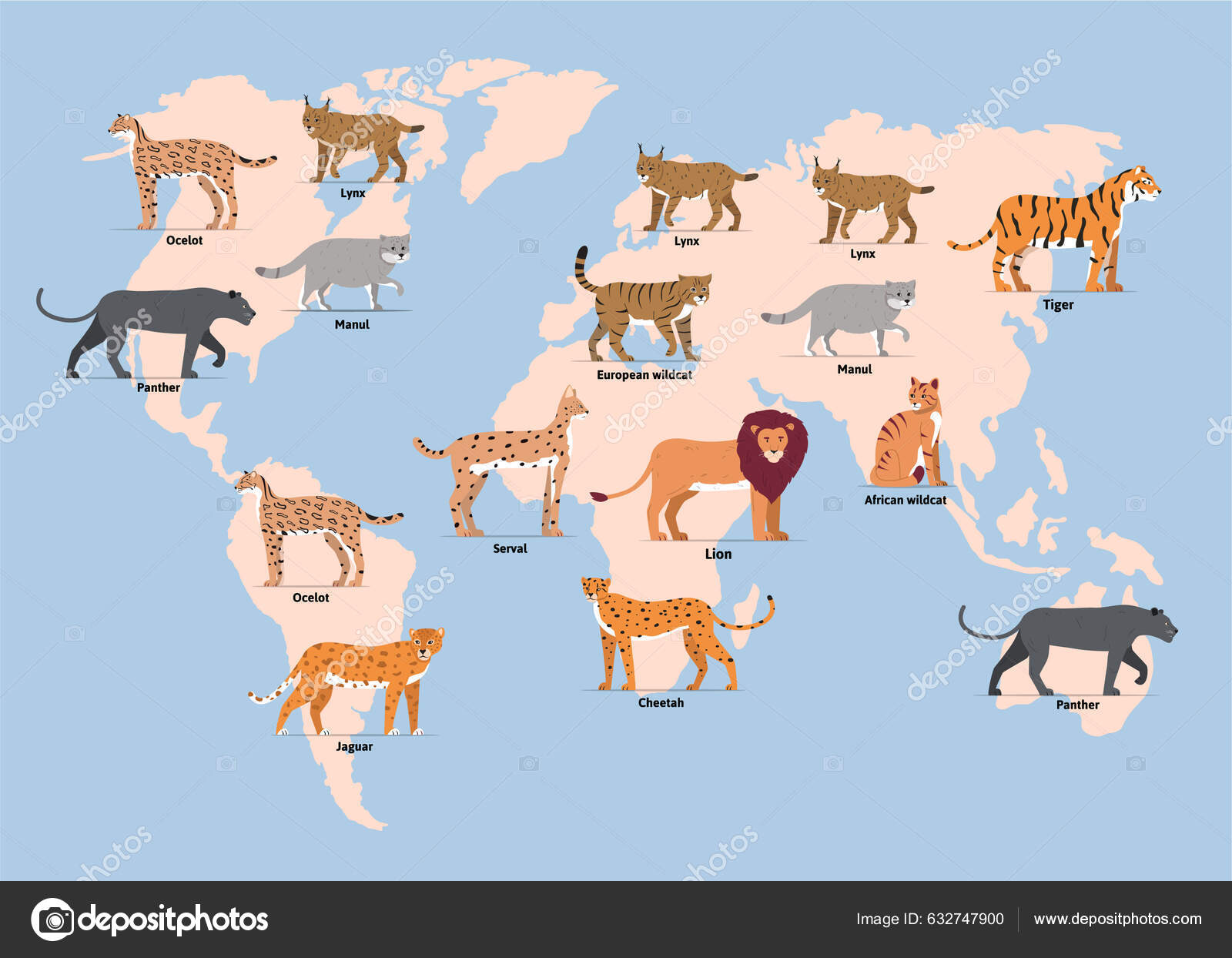Gatos Selvagens Mapa Mundo Composição Plana Com Mapa Mundo Com Vetor de ...