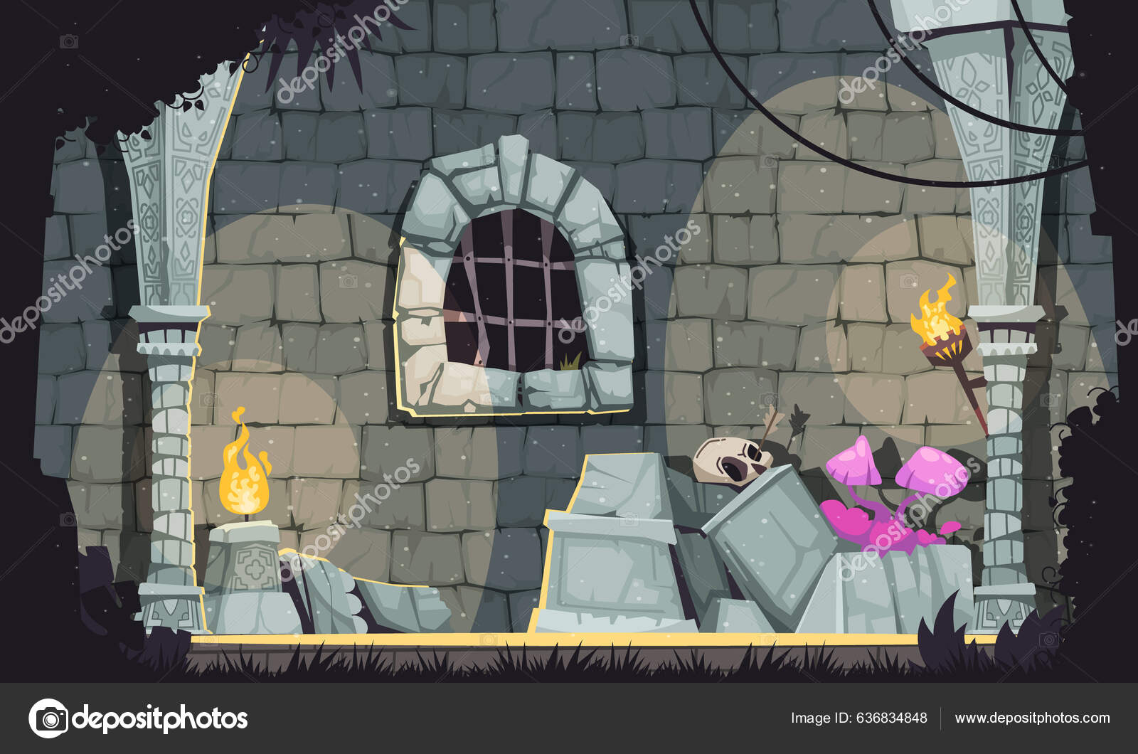 Medieval Dungeon Cartoon Skeleton Torches Castle Basement Vector ...