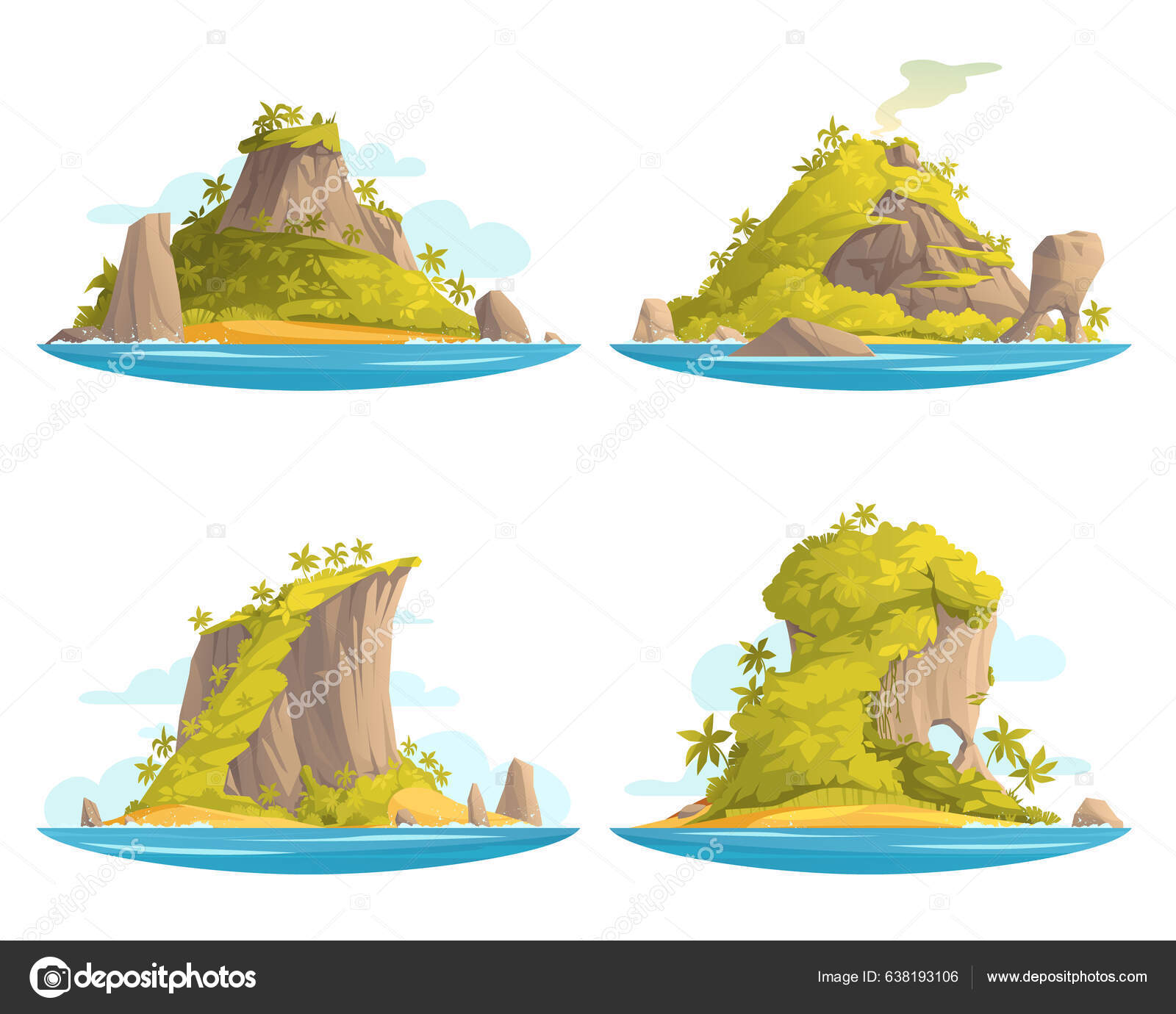 Tropical Island Cartoon Landscapes Set Abundant Forests Isolated Vector ...