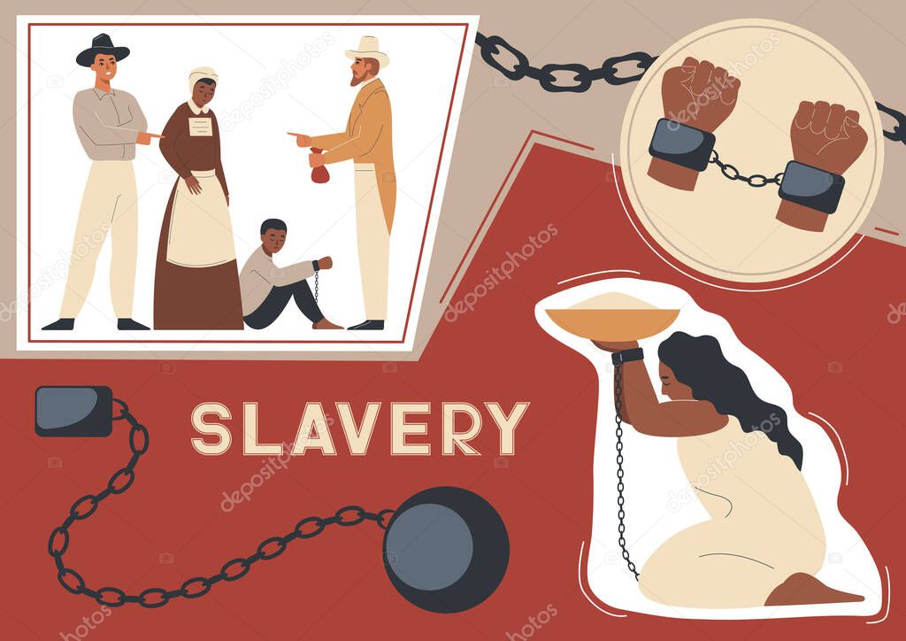 Esclavitud historia collage con la cadena y el trabajo s mbolos plana vector ilustraci n 2024