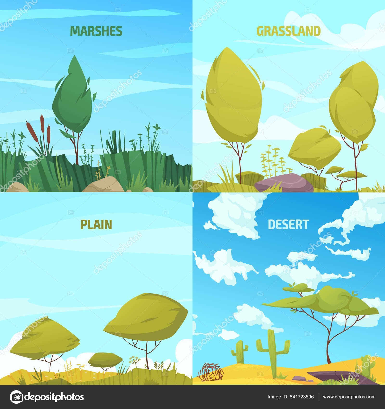 Ecosystem Types Cartoon Set Marshes Grassland System Compositions ...