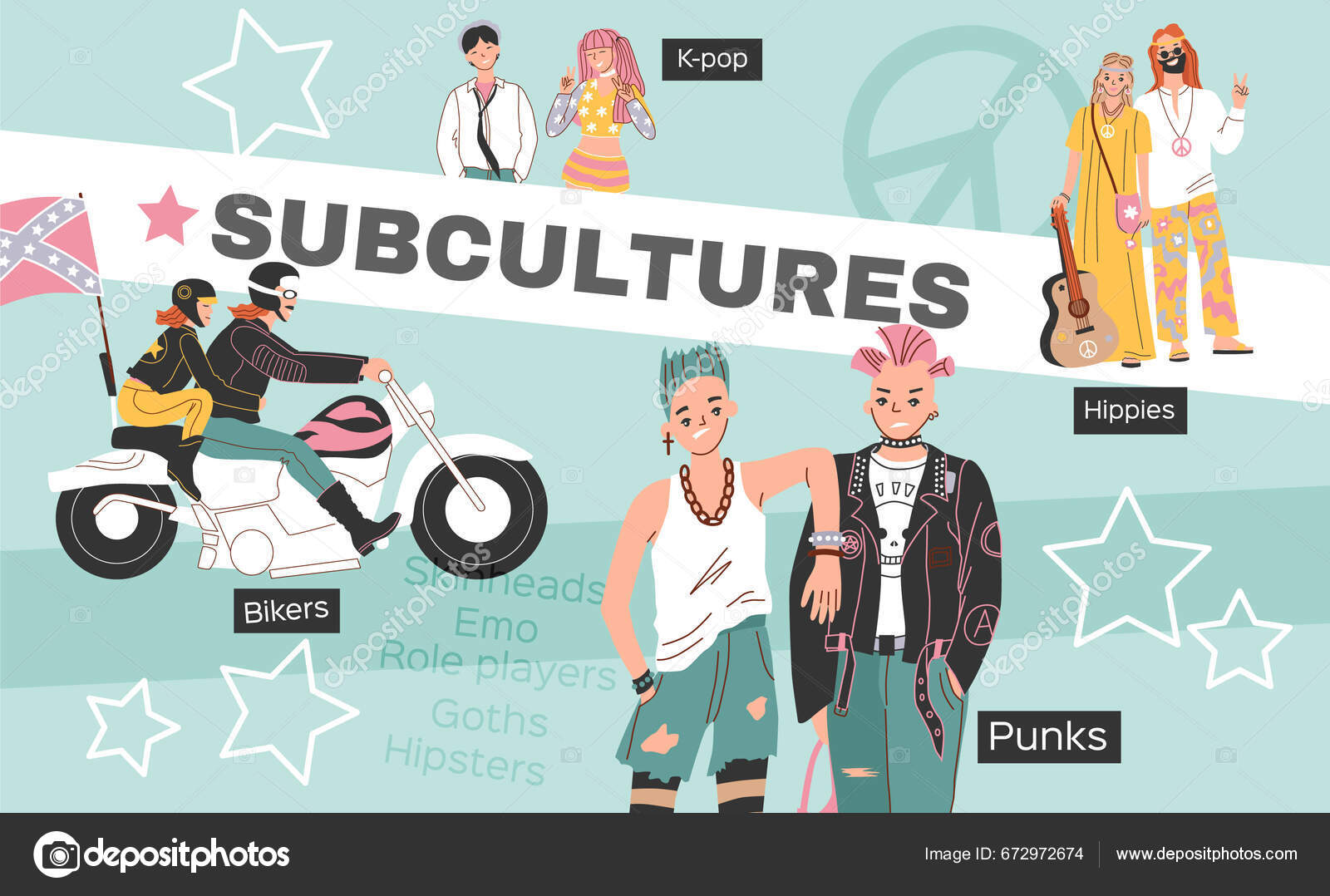Subculture People Composition Collage Flat Icons Bikers Punks Hippie ...